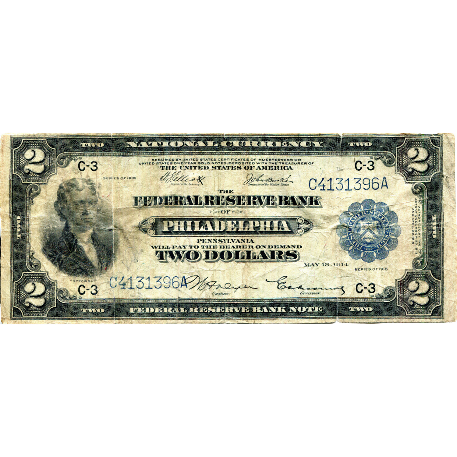 1918 $2 Federal Reserve Bank Note Philadelphia VG Rare Sig. Variety (Fr ...