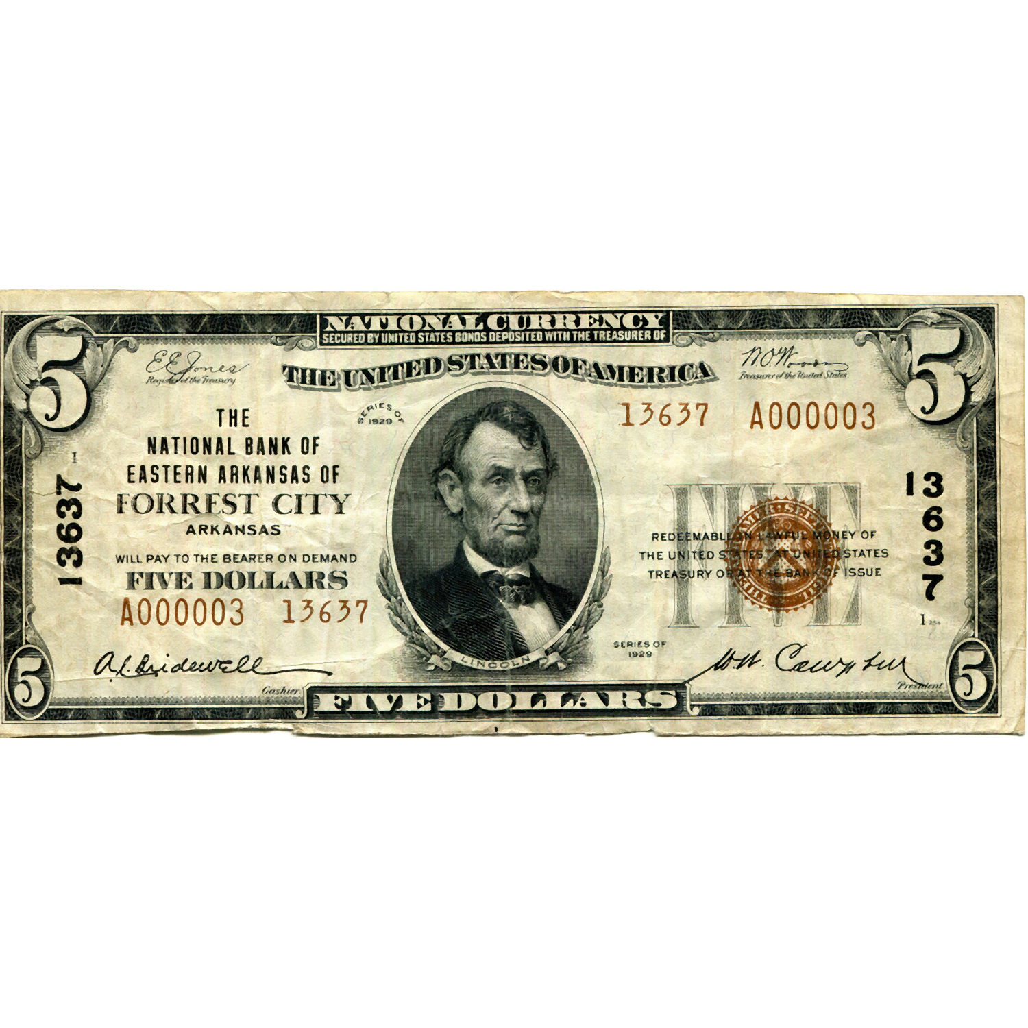 1929 Type 2 $5 National Bank Note Forrest City AR Charter #13637 ...